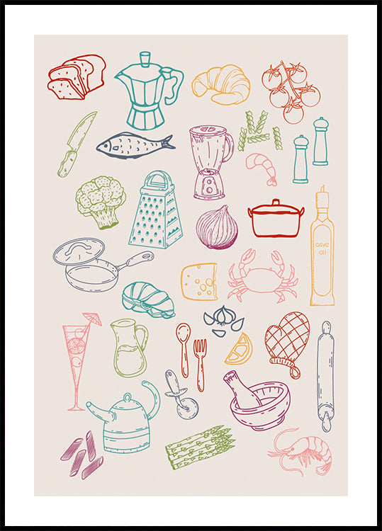 Kitchen Collage, Colorful Cooking Ingredient Icons Plakat | Posterbox